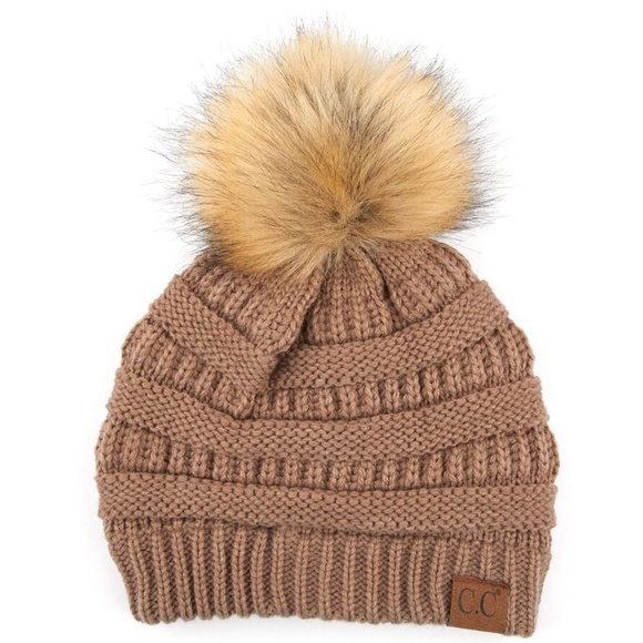 C.C | Accessories | Cc Cable Knit Faux Fur Pom Beanie Hattaupe | Poshmark